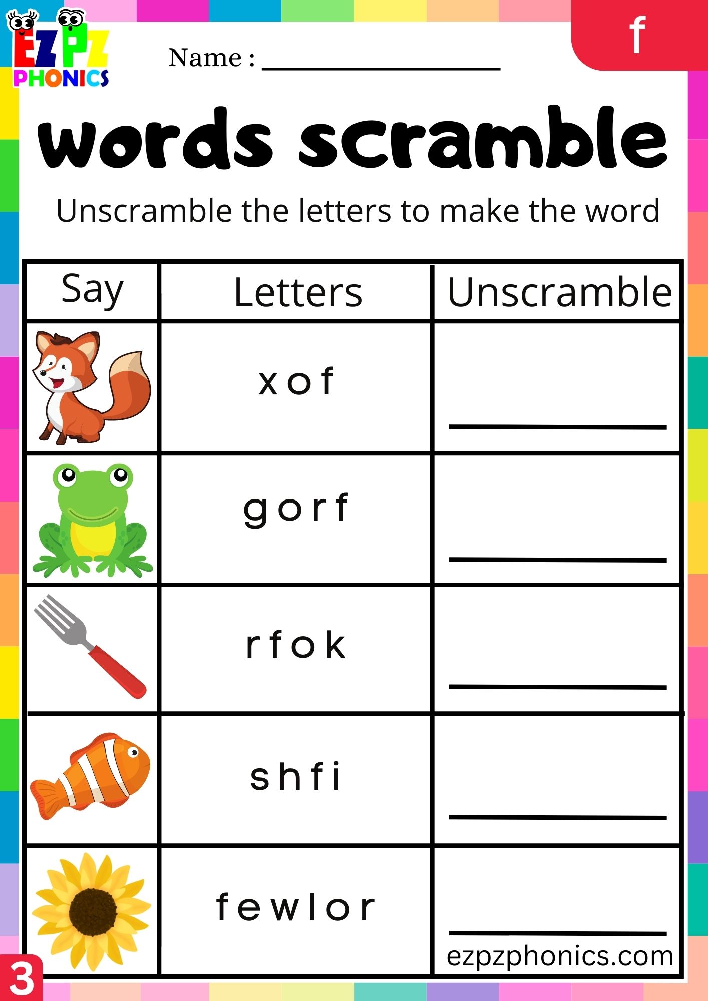 Letter f Word Scramble Phonics Activity Group 3 - ezpzphonics.com